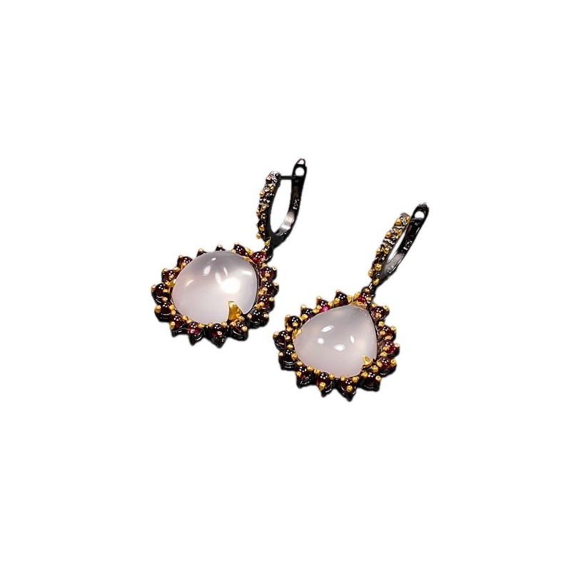 Cercei din argint cu montura de cuart roz si rodolit