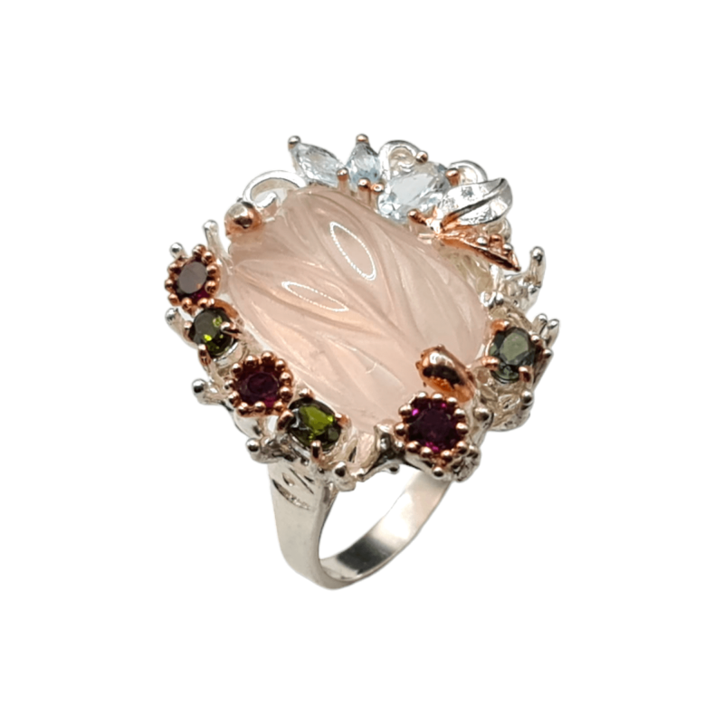 Inel argint cu cuart roz gravat, topaz, turmalina si rodolit - Madammi.ro