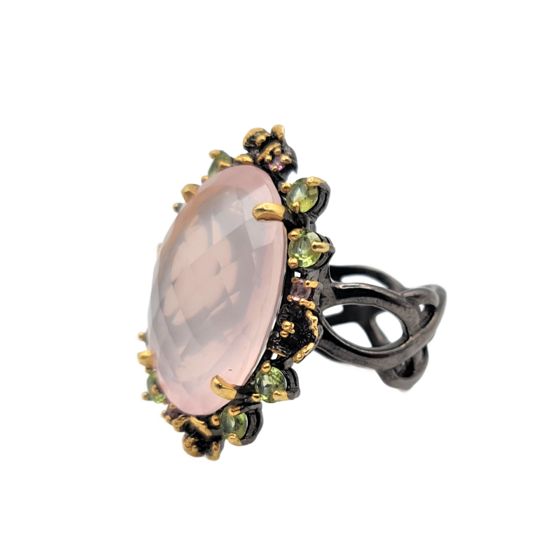 Inel din argint cu cuart roz, peridot si turmalina- elemente vegetale