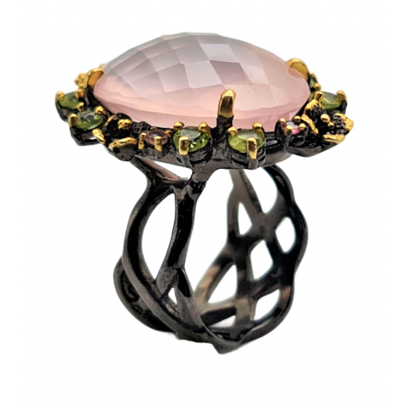 Inel din argint cu cuart roz, peridot si turmalina- elemente vegetale