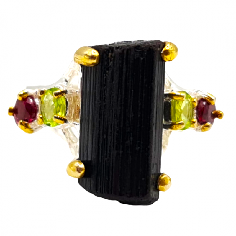 Inel din argint cu turmalina neagra, peridot si rodolit - Madammi.ro