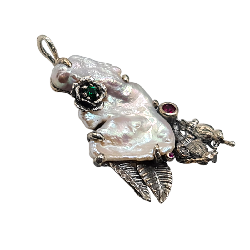 Pandant din argint cu perla baroc, rubin si cz - Madammi.ro